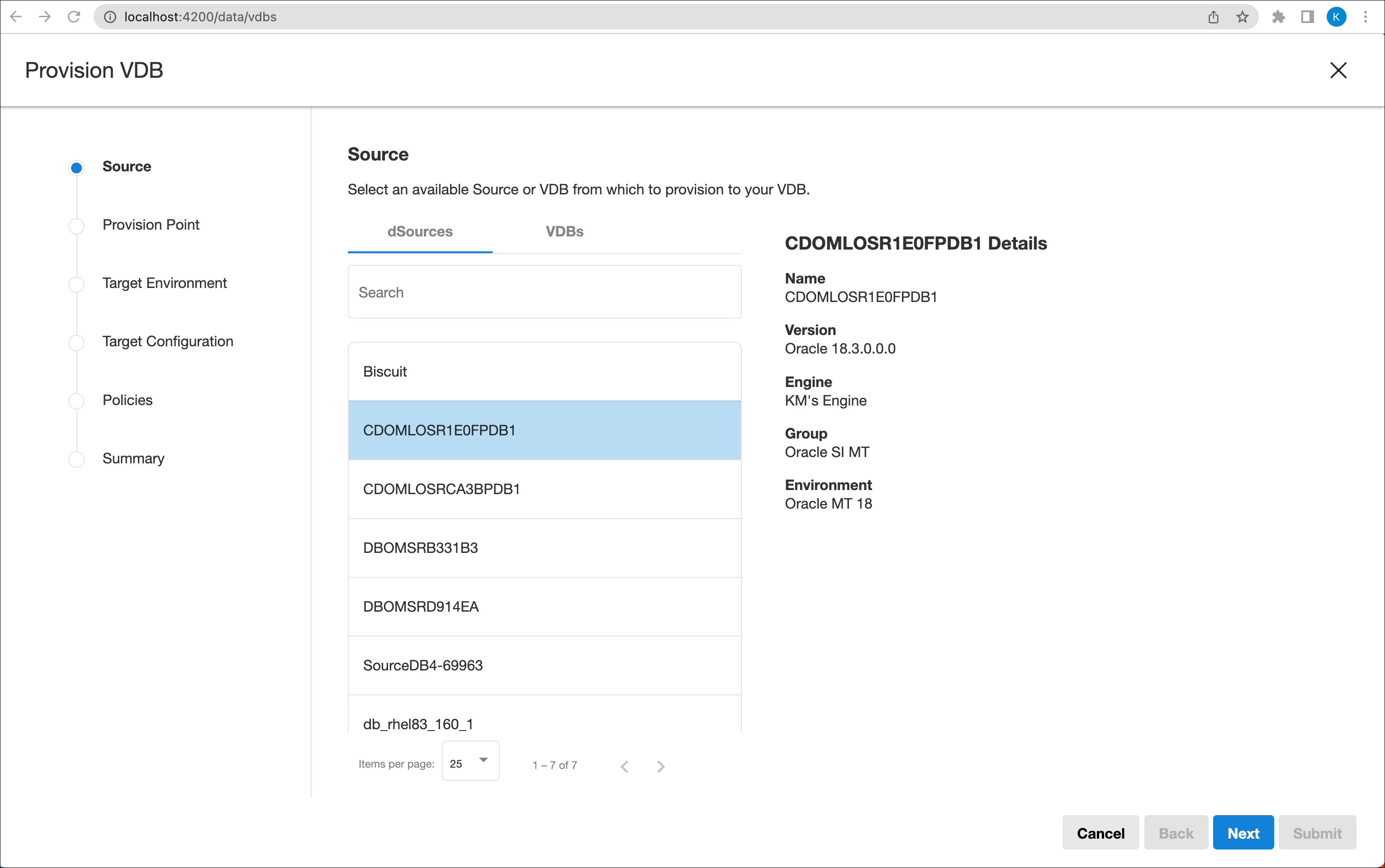 VDB provisioning wizard