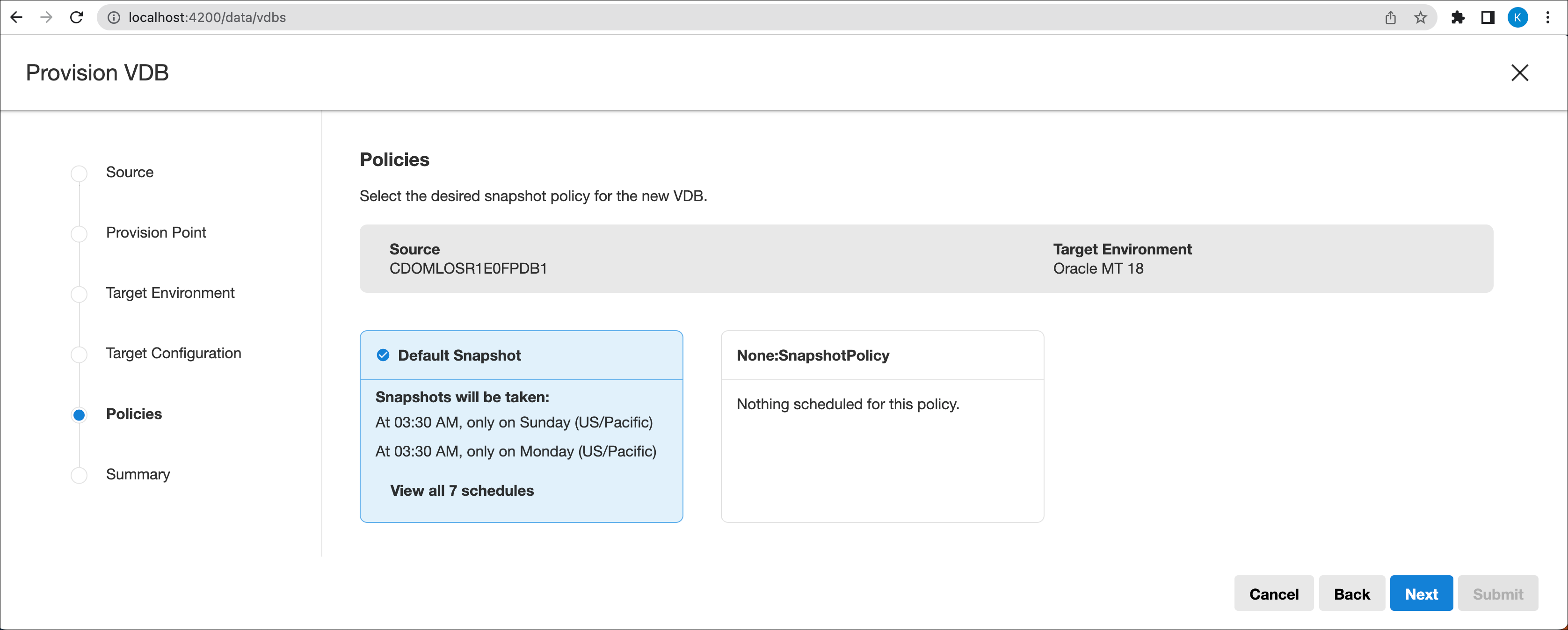 VDB provisioning wizard